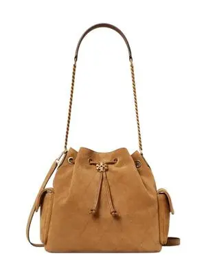 Tory Burch Charlie Quilted Suede Drawstring Shoulder Bag - Brown