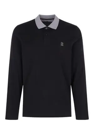 Brunello Cucinelli Logo Embroidered Long-sleeved Polo Shirt - Black