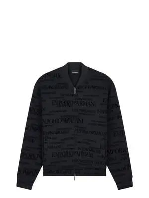 Emporio Armani Zip-up Sweatshirt In Double Jersey With All-over Flocked Logo - Black