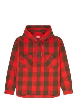DIESEL® Distressed-hooded Shirt In Check Flannel - Reddish Brown