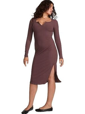 Pink All-day Soft Rib Long-sleeve Midi Dress - Brown