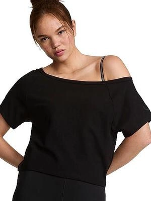 Pink Soft Modal Off-The-Shoulder Boxy Tee Black