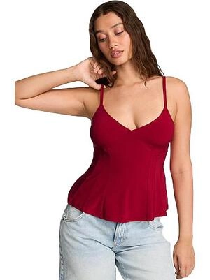 Pink Stretchy Knit Corset Tank Top - Red
