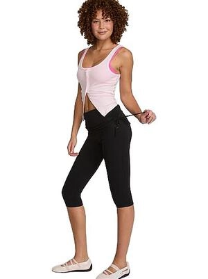 Pink PINK Relay Side-Ruched Foldover Capri Legging Black