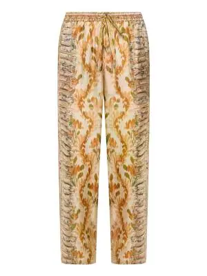 PIERRE-LOUIS MASCIA Aloe Abstract Print Silk Drawstring Trousers - Neutrals