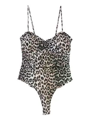 GANNI Leopard-print Ruffled Bodysuit - Brown