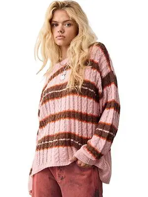 Free People Striped Cable Knit Pullover - Rose Combo