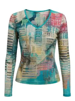 CONQUISTA Cityscape Print Long-sleeve Top - Blue