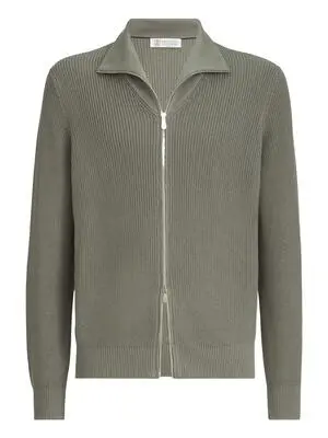Brunello Cucinelli Cotton Half English Rib Cardigan With Zipper - Gray