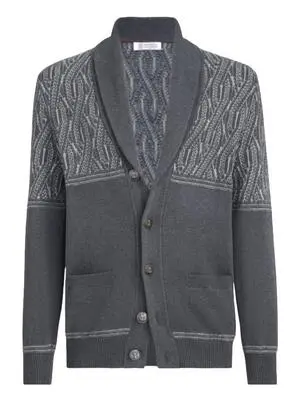 Brunello Cucinelli Cotton Shawl-collar Cardigan With Jacquard Cable Shoulder - Medium Gray