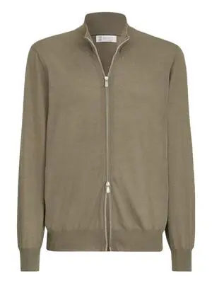 Brunello Cucinelli Cashmere And Silk Lightweight Cardigan With Zipper Mud