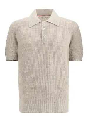 Brunello Cucinelli Half English Rib Knit Polo Shirt - Beige