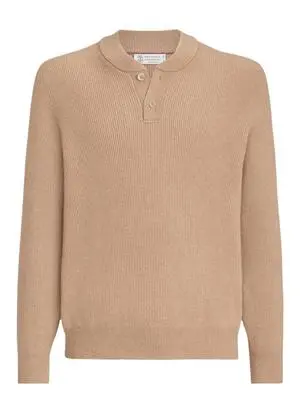 Brunello Cucinelli Cashmere English Rib Sweater With Henley Collar - Camel