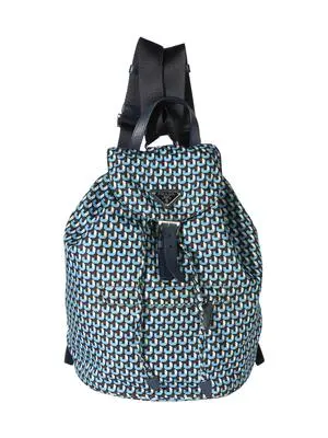 Prada Geometric Print Nylon Tessuto Drawstring Logo Backpack - Blue