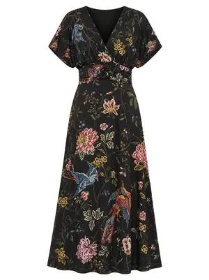 YUMI Viscose Bird & Floral Print Kimono Midi Dress - Black