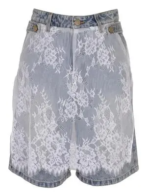 MODENAIRE High Waist Lace Overlay Denim Bermuda Shorts - Blue