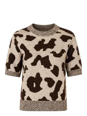 YUMI Leopard Intarsia Short Sleeve Jumper - Brown