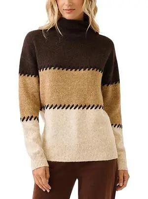 Karen Kane Contrast Stitch Mock Neck Colorblock Sweater - Brown
