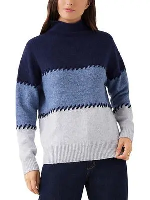Karen Kane Contrast Stitch Mock Neck Colorblock Sweater - Navy