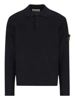 Stone Island Ribbed Collar Two-button Placket Sweater With Badge Detail - Blu