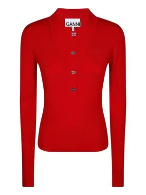GANNI GANNI Merino Wool Ribbed Polo Rosso