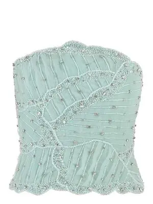 Costarellos Lightweight Tulle Floral Bodice Top - Light Blue