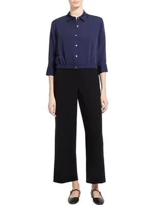 Theory Silk Georgette Cinched Crop Shirt Blue
