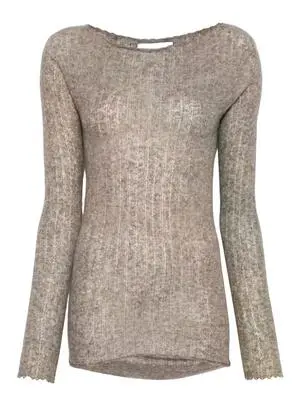 VANISE Ribbed-knit Boat-neck Top - Brown