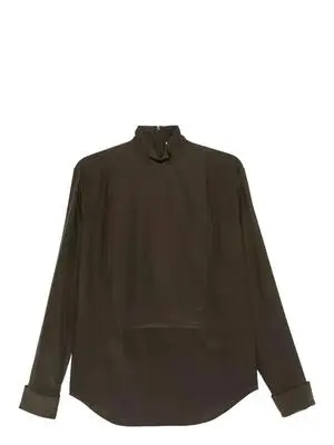JIL SANDER Jil Sander Dark Green Silk High-Neck Paneled Blouse