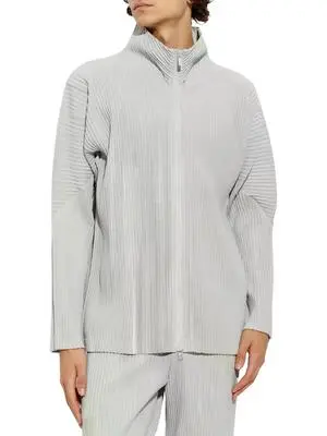 Issey Miyake Pleated High Neck Zip-up Jacket - Grey