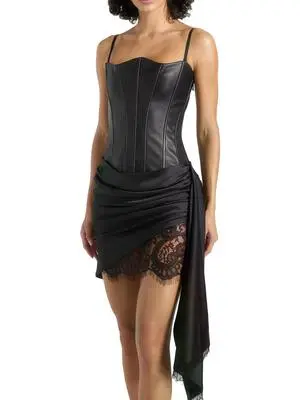 Manière De Voir Valeska In Leather-corset Satin Lace Sash Mini Dress - Black