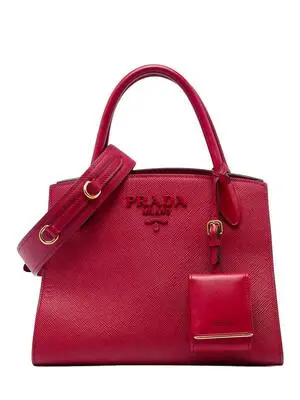 Prada Saffiano Cuir Monochrome Top Handle Tote Satchel - Red