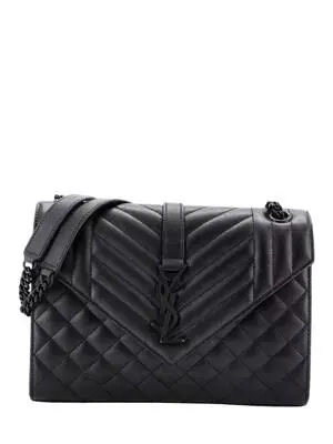 Saint Laurent Mixed Matelassé Leather Medium Monogram Envelope Satchel Shoulder Bag - Black
