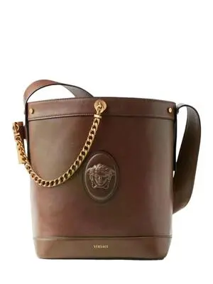 Versace Pivot Small Leather Bucket Bag - Brown