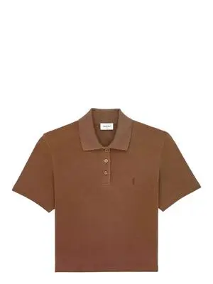 Saint Laurent Cassandre Cropped Cotton Piqué Polo - Brown