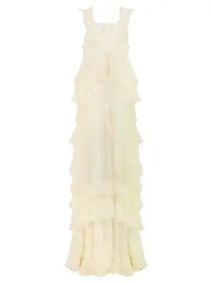 Chloé Sleeveless Layered Long Dress In Silk Mousseline And Lace - Neutrals