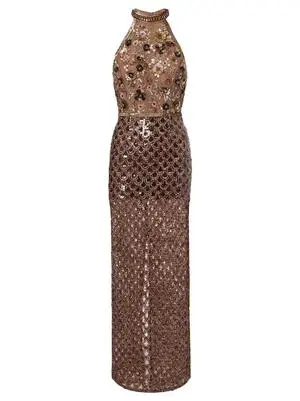 LA FUORI Scales Of Gold Embellished Halterneck Gown - Brown