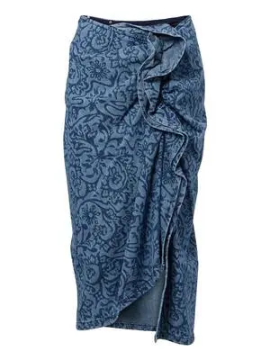 Dries Van Noten Floral Ruffled Denim Midi Skirt - Blue