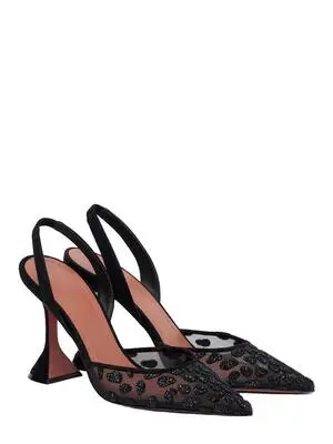 Amina Muaddi Holli Embellished Mesh Slingback Pumps - Black