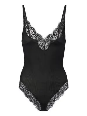 Saint Laurent Lace-trimmed Ribbed-knit Silk Bodysuit - Black