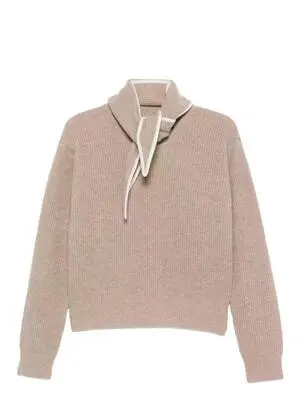 Sandro SANDRO Ribbed-Knit Scarf-Detail Wool Sweater Neutrals
