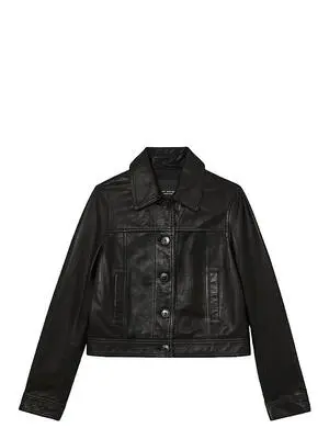 REISS Callie Cropped Leather Jacket - Black