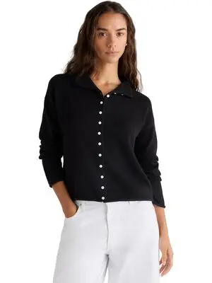 Quince Cotton Cashmere Roll Neck Cardigan Sweater Black
