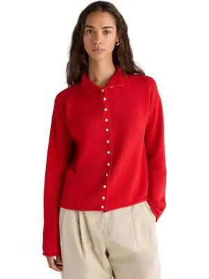 Quince Cotton Cashmere Roll Neck Cardigan Sweater Satin Red