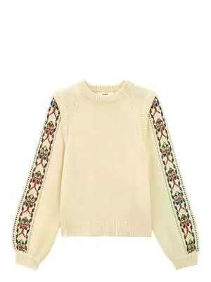 Ba&sh Geometric-Pattern Puff-Sleeve Knit Neutrals