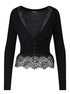 Ermanno Scervino Cashmere Lace-trim Cropped Button-front Cardigan Sweater - Black