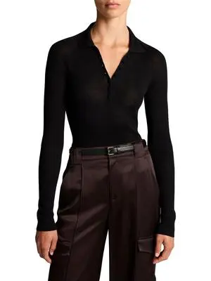 Vince Ribbed Italian Wool-Silk Polo Sweater Black