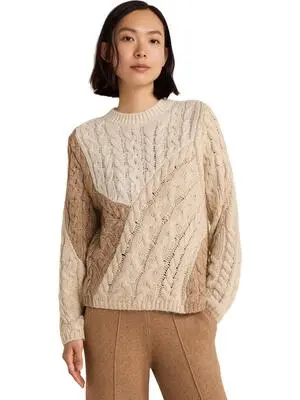 HAVEN WELL WITHIN Cotton Blend Patchwork Cableknit Sweater - Neutral Patchwork