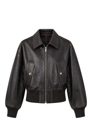 FRONT ROW SHOP Leather Bomber Jacket - Brown