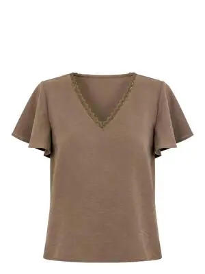MOLLY BRACKEN Molly Bracken Lace-Trim V-Neck T-Shirt Brown